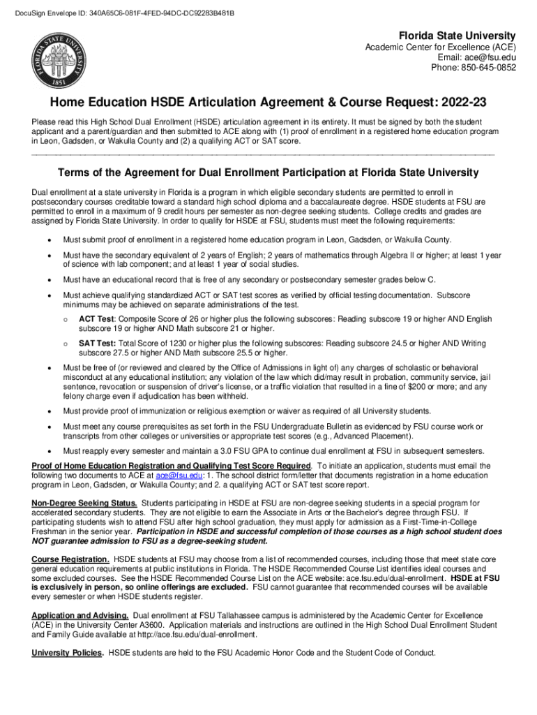 Fillable Online Home Education HSDE Articulation Agreement & Course ...