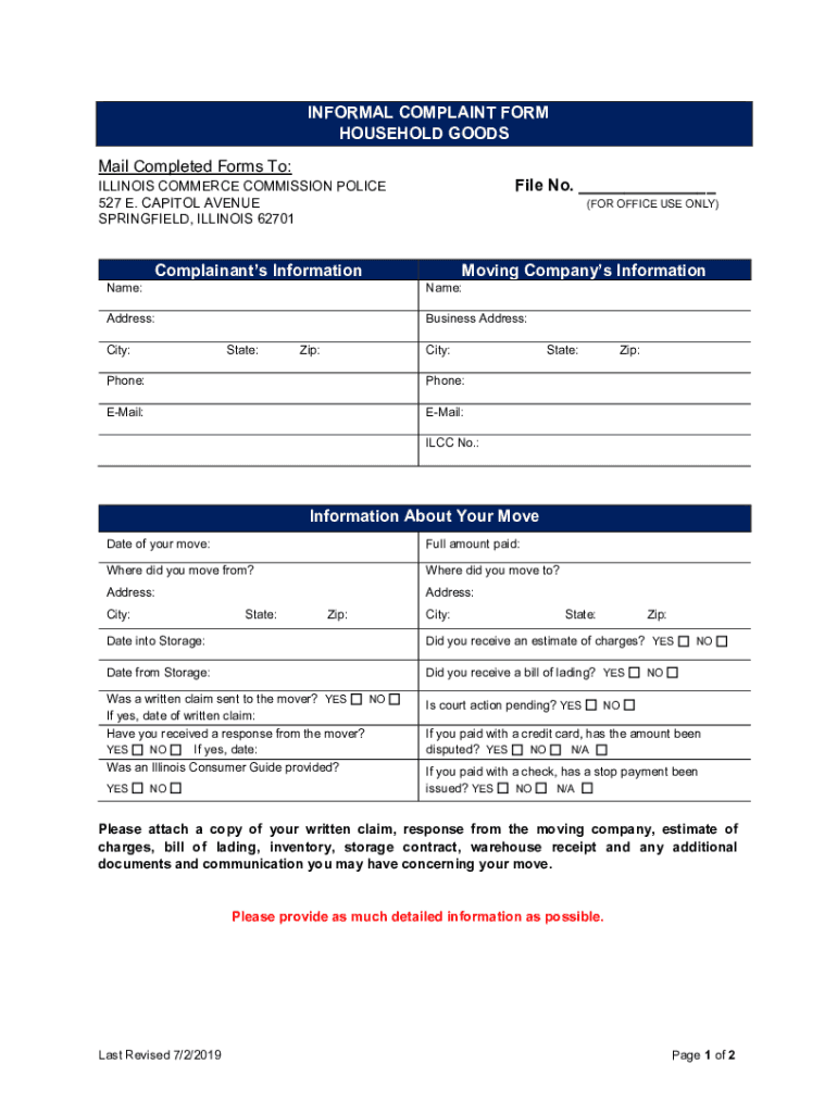 Fillable Online icc illinois HHG Informal Complaint Form.docx Fax Email ...