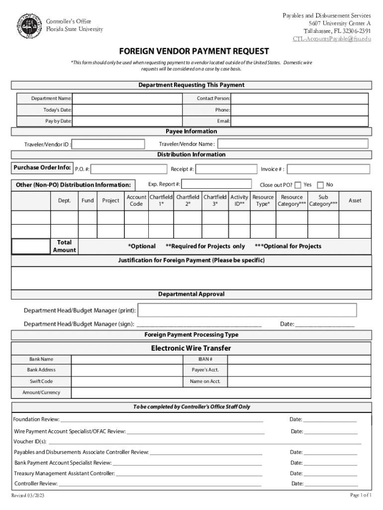 Fillable Online controller vpfa fsu FOREIGN VENDOR PAYMENT REQUEST Fax Email Print - pdfFiller
