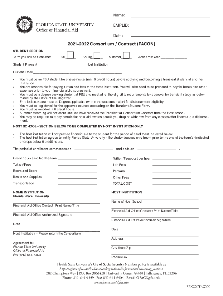 Fillable Online financialaid fsu CONSORTIUM AGREEMENT - FSU Financial ...