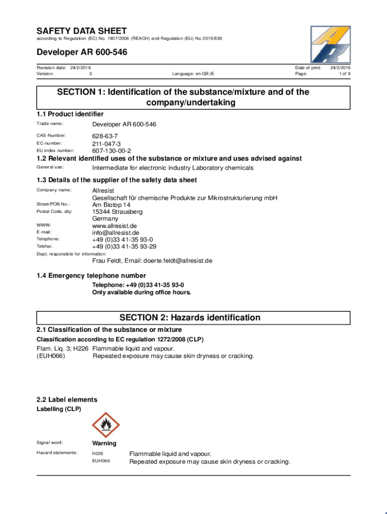 Fillable Online SAFETY DATA SHEET Developer AR 600-546 SECTION 1 ... Fax Email Print - pdfFiller
