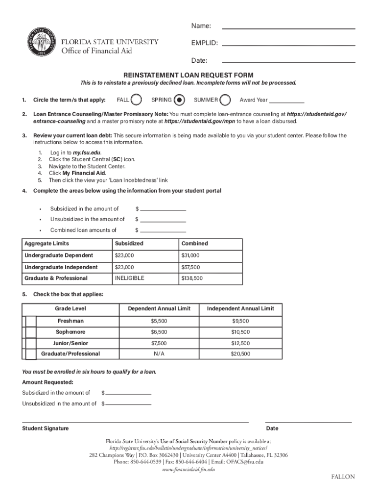 Fillable Online financialaid fsu REINSTATEMENT LOAN REQUEST FORM Fax ...