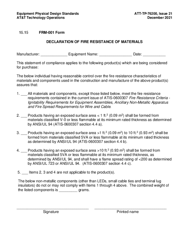 Fillable Online FRM-001 Form DECLARATION OF FIRE RESISTANCE OF ... Fax ...