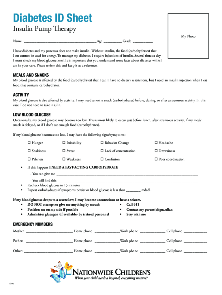 Fillable Online Diabetes ID Sheet Fax Email Print - pdfFiller