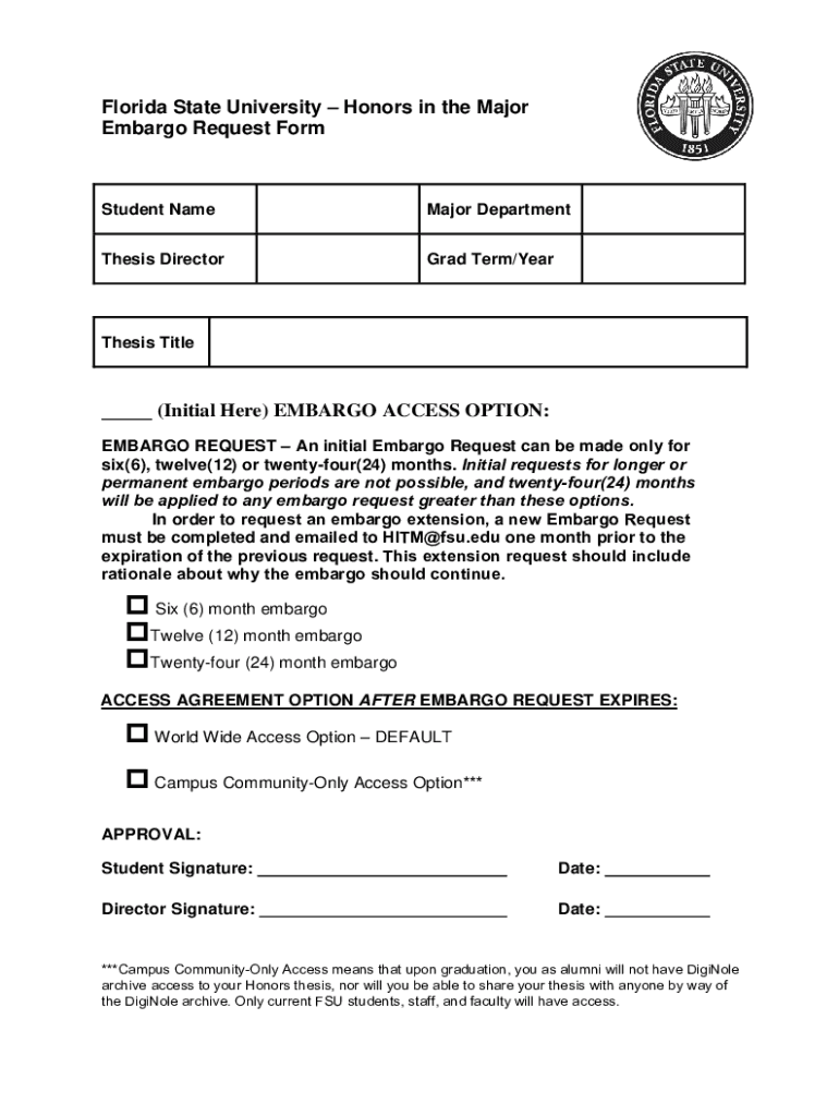 Fillable Online honors fsu Honors in the Major Embargo Request Form Fax ...
