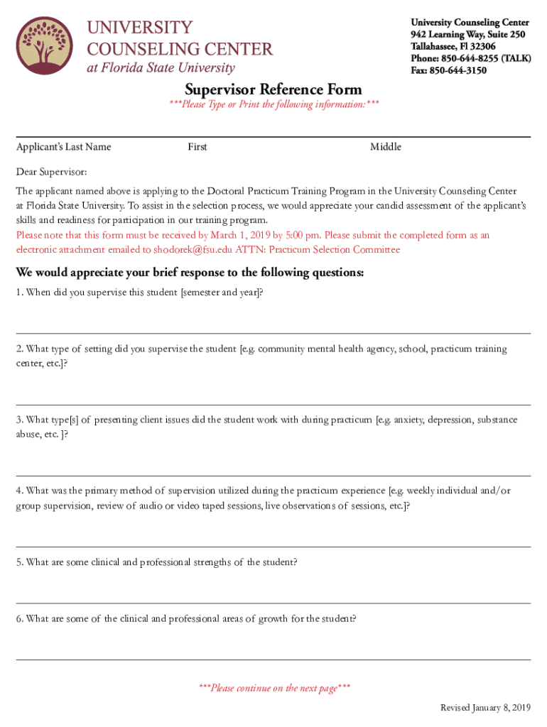 Fillable Online counseling fsu Supervisor Reference Form - FSU ...