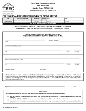 Fillable Online APPLICATION FOR PROFESSIONAL INSPECTOR TO ... - TREC ...