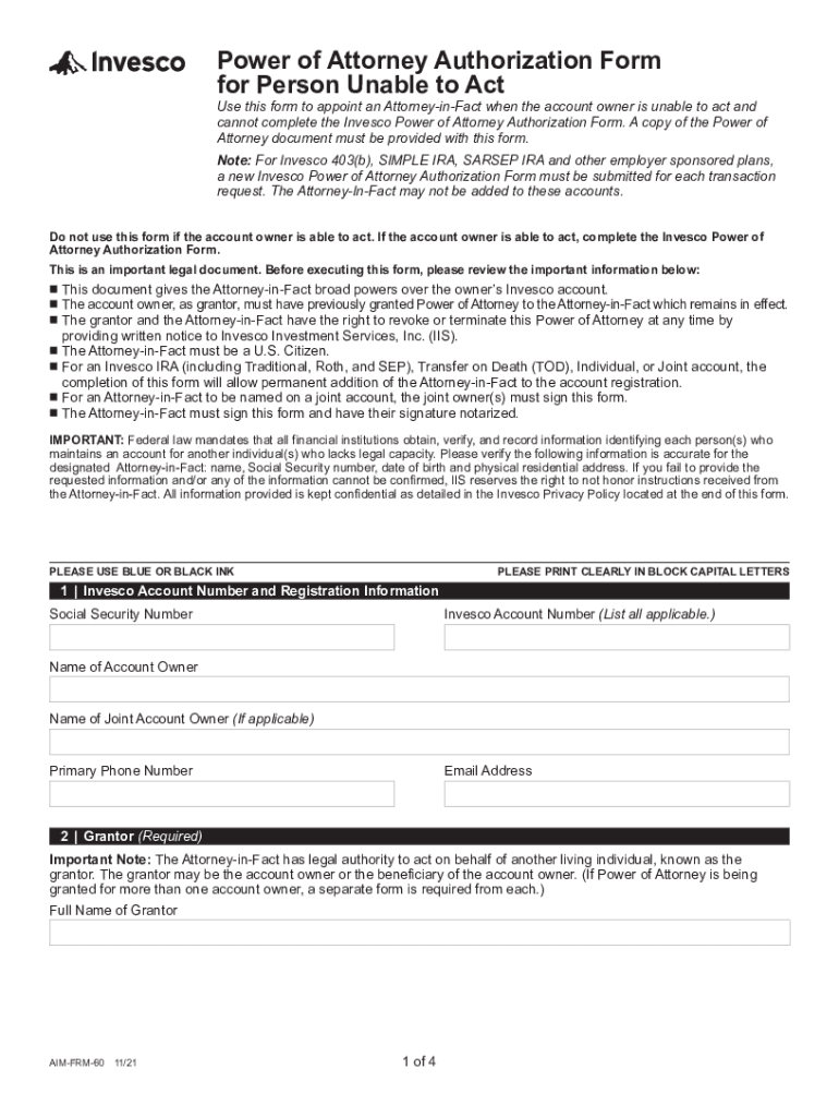 Fillable Online Power of Attorney Authorization Form for Person Unable ...