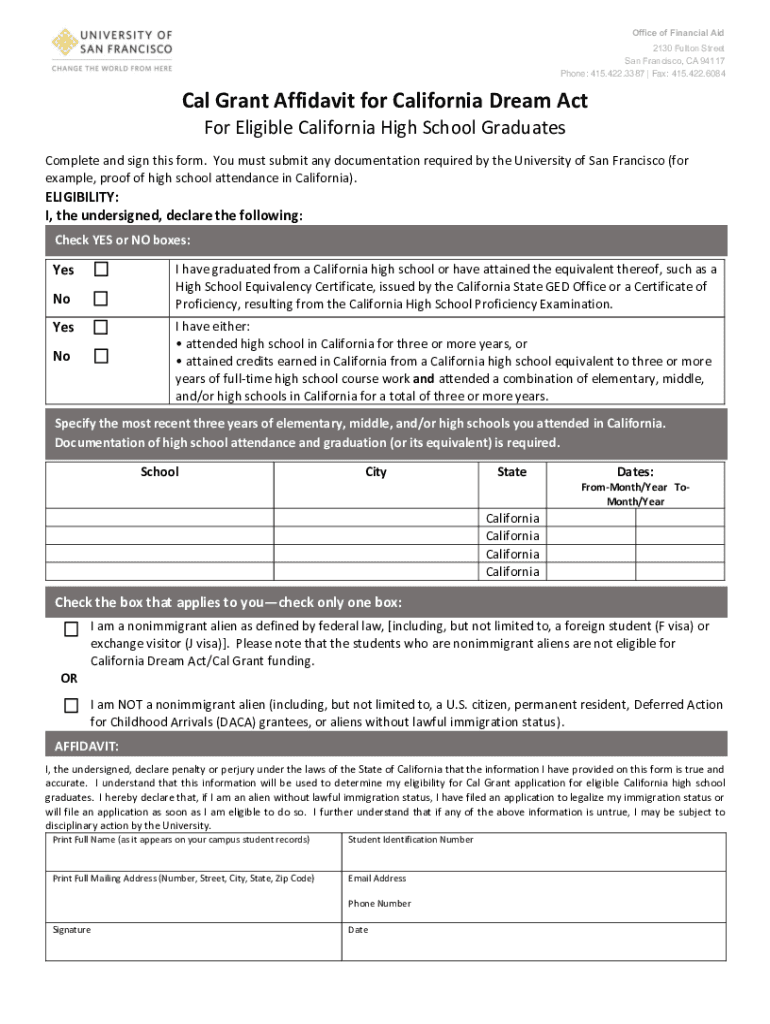 Fillable Online Cal Grant Affidavit for California Dream Act. Cal Grant ...