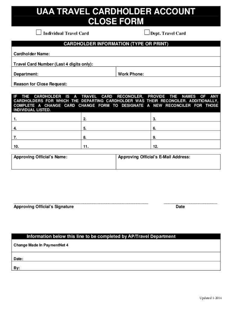Fillable Online UAA TRAVEL CARDHOLDER ACCOUNT CLOSE FORM Fax Email Print - pdfFiller