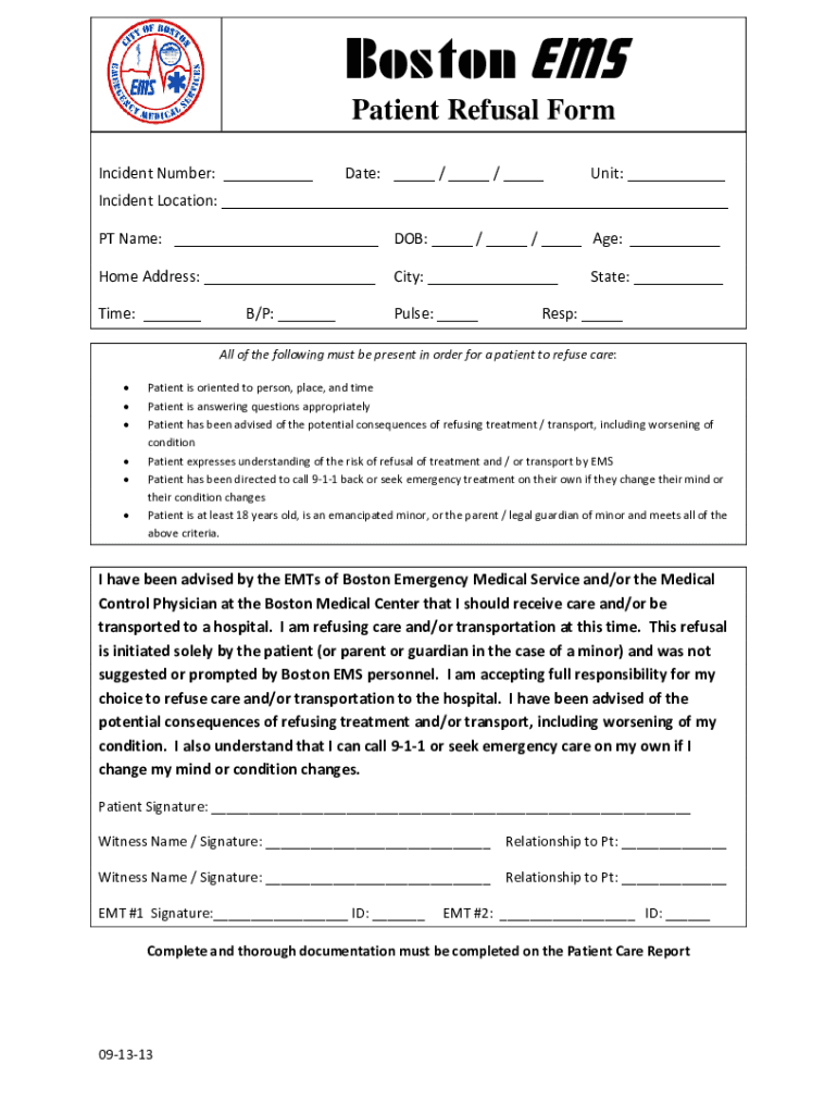 Fillable Online Patient Refusal Form - Boston EMS Fax Email Print ...