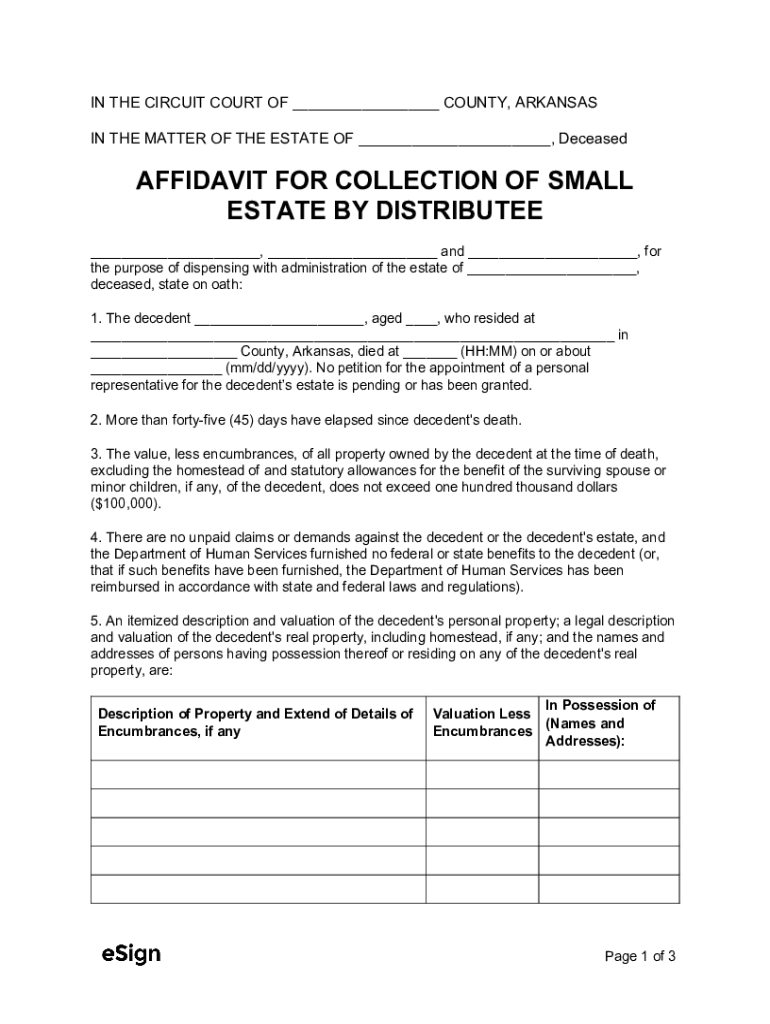 Fillable Online Arkansas Affidavit for Collection of Small Estate by ...