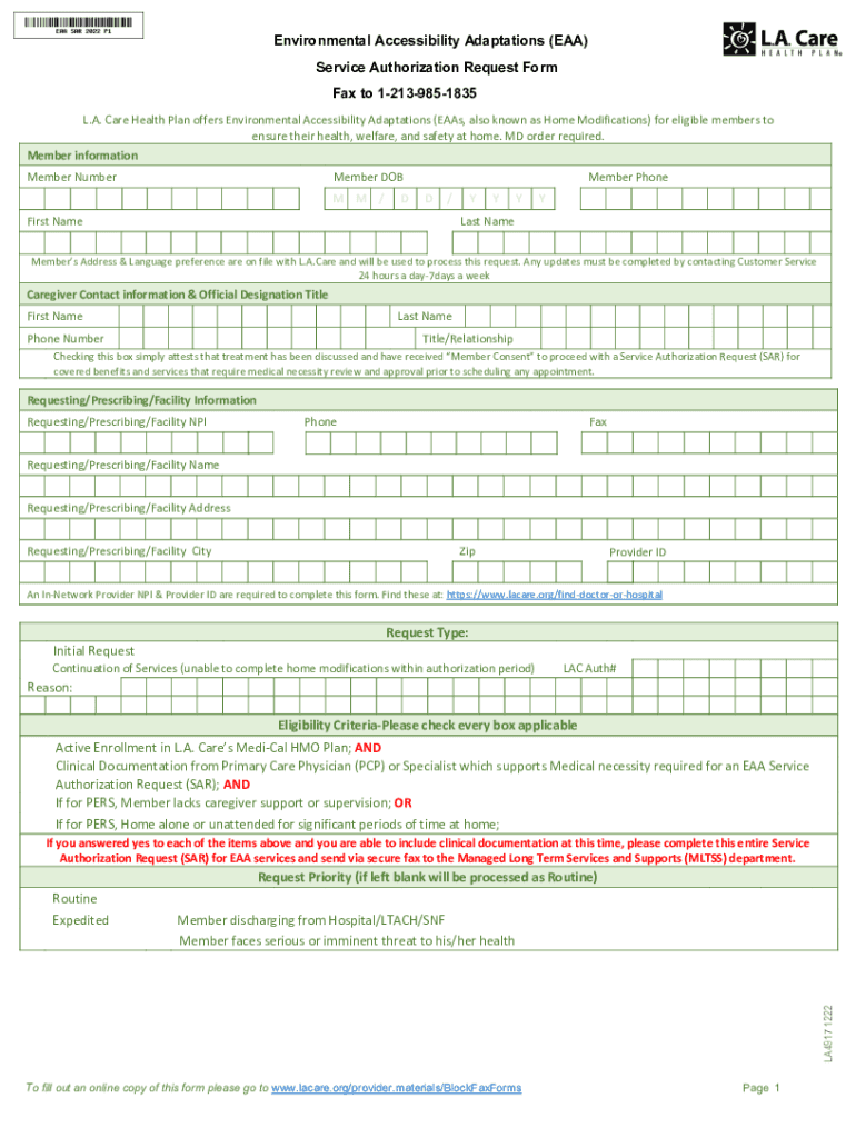 Fillable Online Environmental Accessibility Adaptations (EAA) Service Authorization ... Fax ...