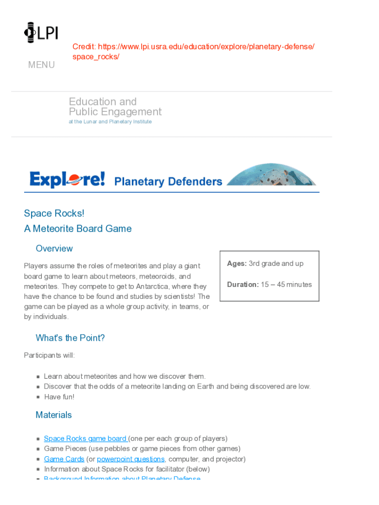 Fillable Online geologymuseum rutgers Space Rocks! A Meteorite Board ...