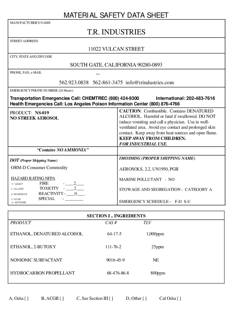 Fillable Online TR INDUSTRIES, NO STREEK AEROSOL, NS-019. msds Fax Email Print - pdfFiller