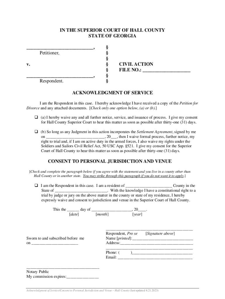 Fillable Online Acknowledgment of Service and Consent to Jurisidiction ...
