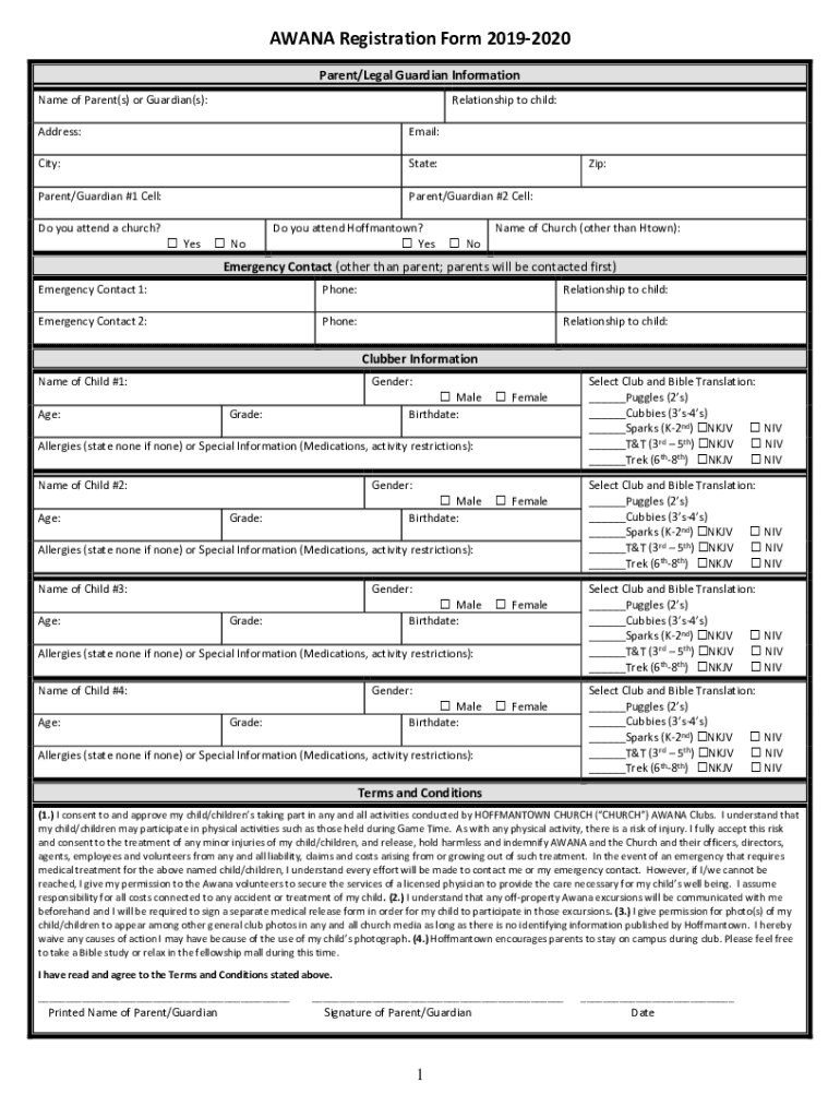 Fillable Online AWANA Club Registration Faith Baptist Arlington Club ...