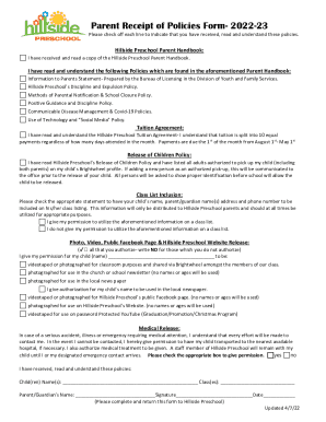 Fillable Online PARENT HANDBOOK ACKNOWLEDGEMENT FORM ( ... Fax Email ...