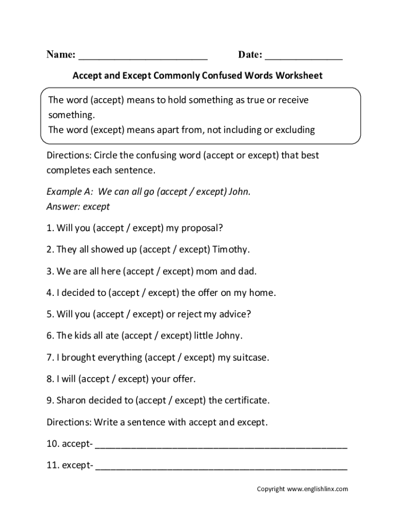 Fillable Online Accept and Except Commonly Confused Words Worksheet Fax ...