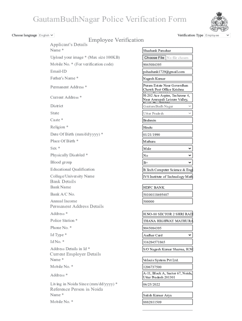 Fillable Online cgat gov GautamBudhNagar Police Verification Form Fax ...