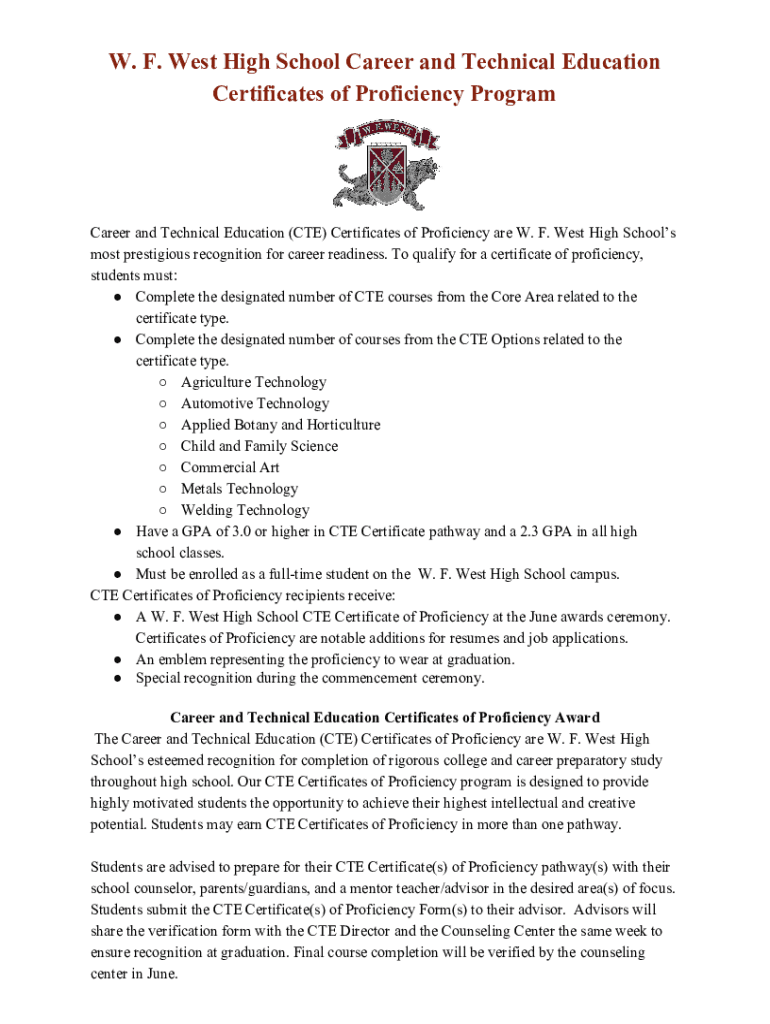 Fillable Online Cte Certificates Of Proficiency Are Wf West High School