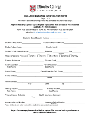 Fillable Online Rhodes College Health Insurance Information Form Fax ...