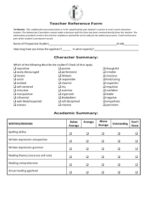 Fillable Online Teacher Reference Form Character Summary Fax Email ...