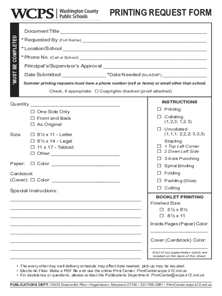 Fillable Online PRINTING REQUEST FORM Fax Email Print - pdfFiller