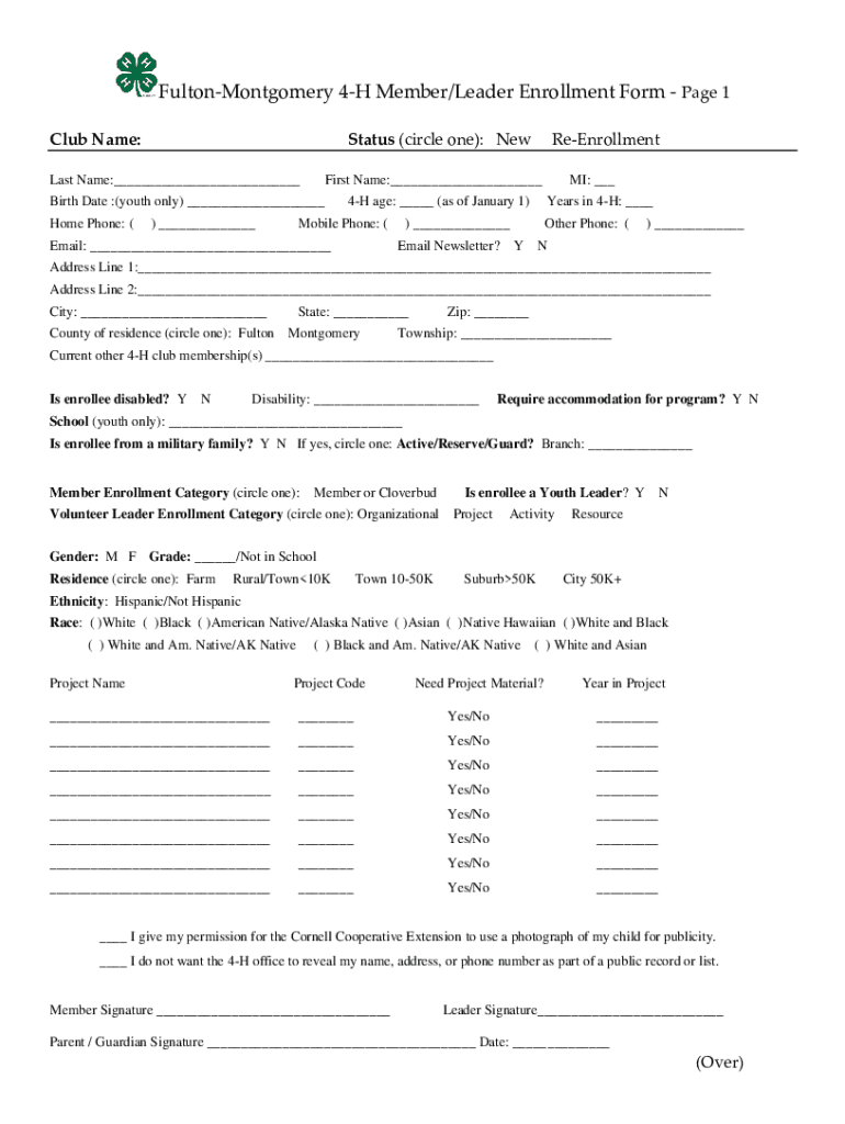 Fillable Online 4-H Youth EnrollmentNewReturning 20 Fax Email Print ...
