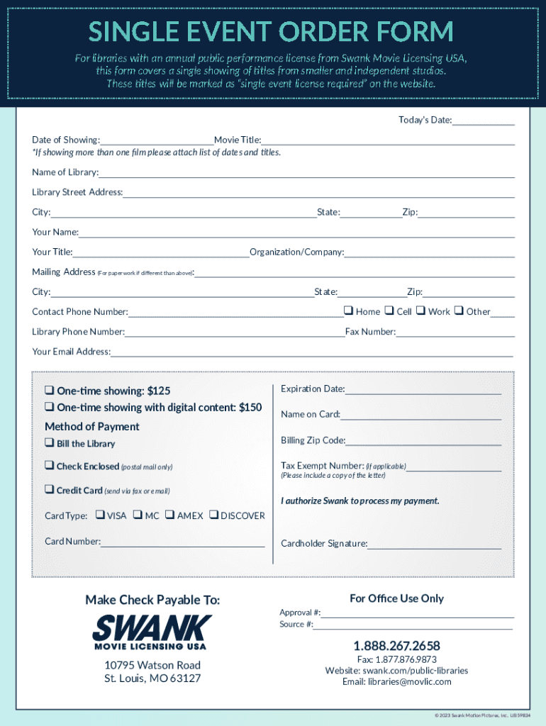 Fillable Online SINGLE EVENT ORDER FORM Fax Email Print - pdfFiller
