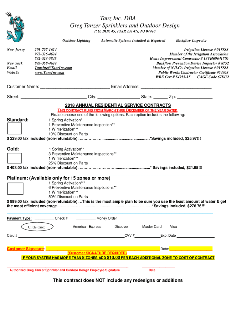 Fillable Online Tanz Inc. DBA Greg Tanzer Sprinklers and Outdoor Design ...