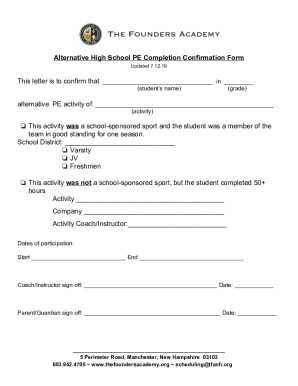 Fillable Online Alternative High School PE Completion Confirmation Form ...