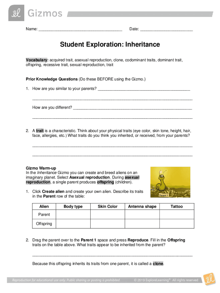 Fillable Online AP Biology -Gizmo- Inheritance - sha Name: Date Fax Email Print - pdfFiller