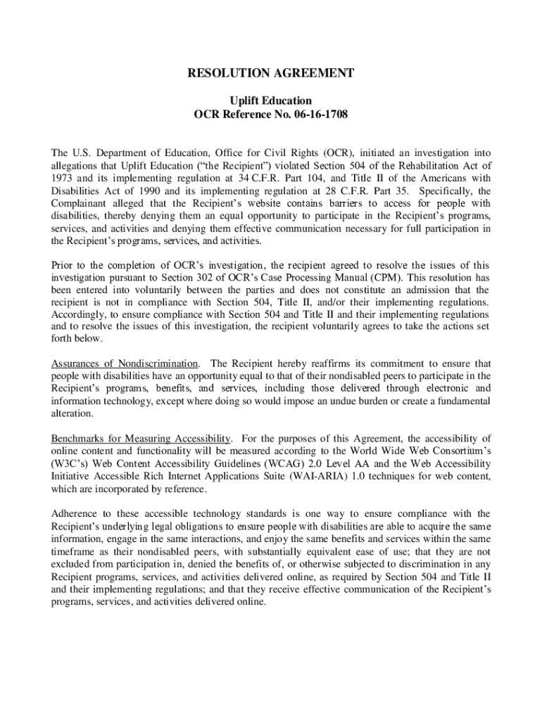 Fillable Online www2 ed Uplift Education (PDF). Resolution Agreement ...