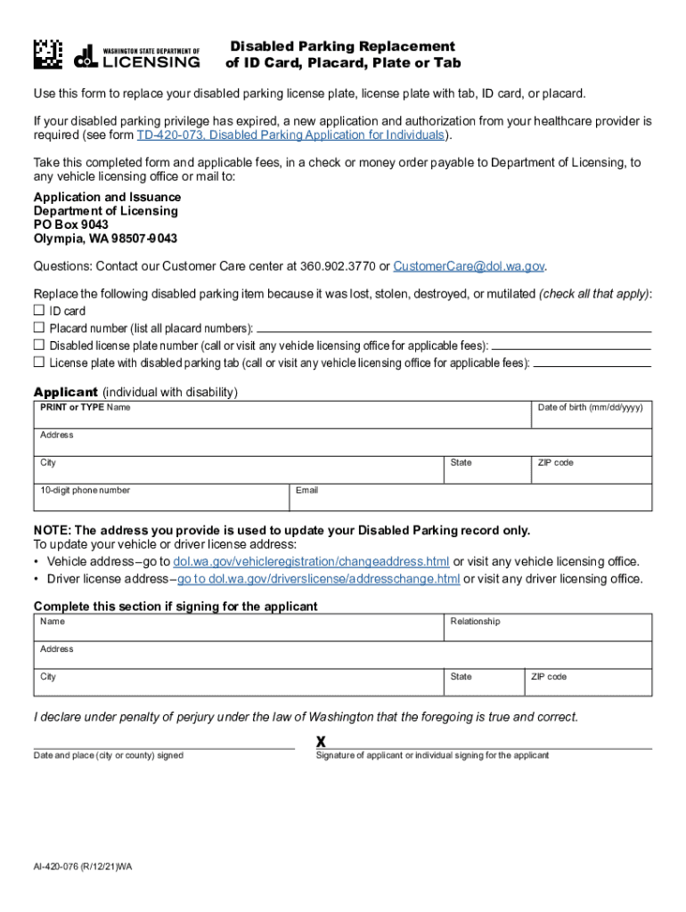 Fillable Online Disabled Parking ID Card, Placard, Plate or Tab Replacement Application. Form ...