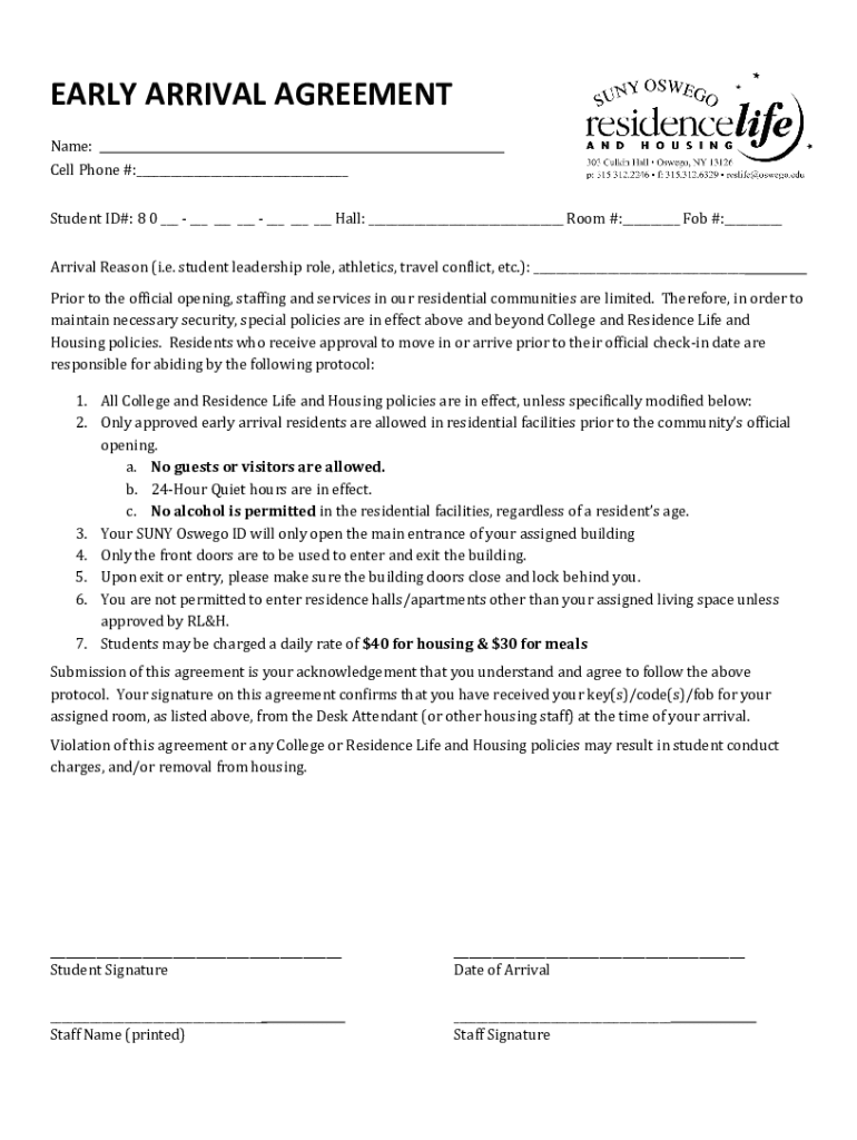 Fillable Online Early Arrival agreement Fax Email Print - pdfFiller