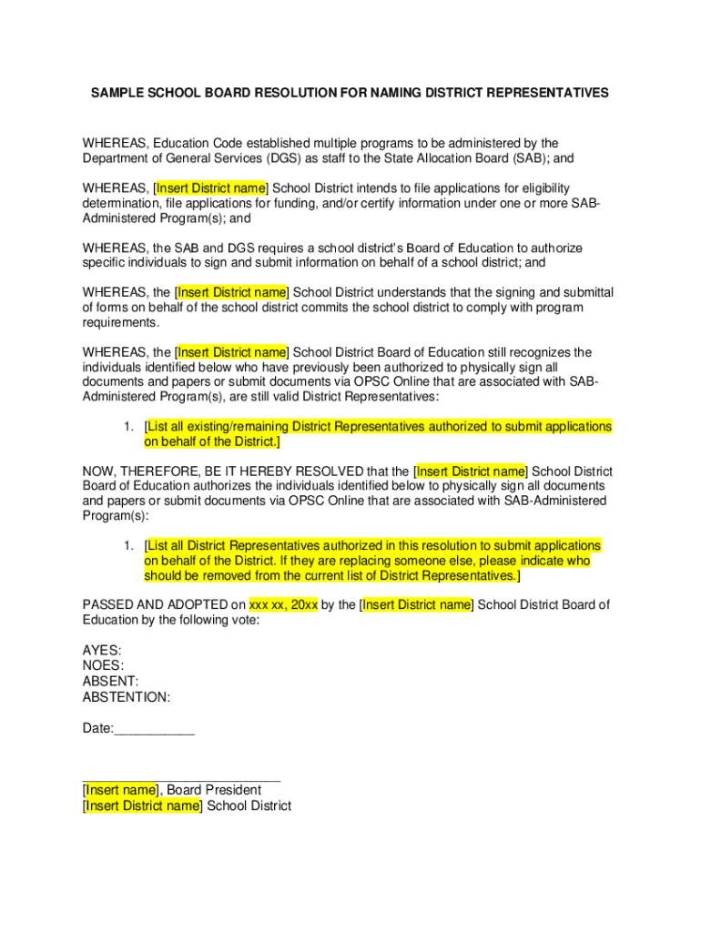 Fillable Online Sample School Board Resolution for Naming District ...