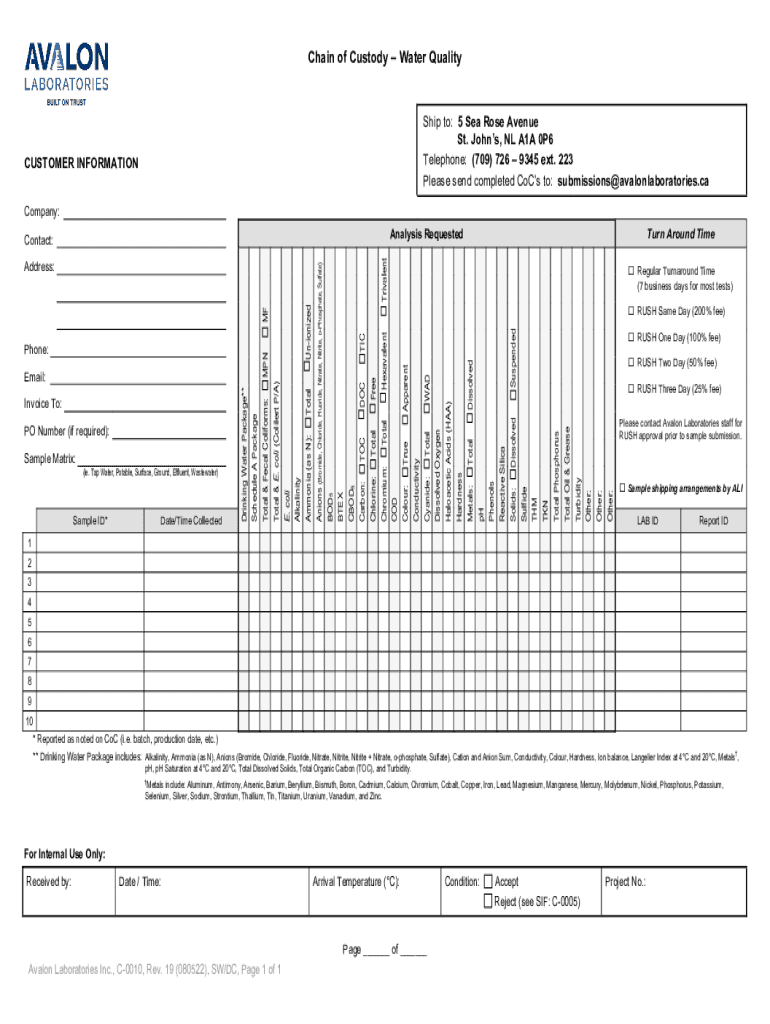 Fillable Online Chain of Custody Water Quality Avalon Laboratories Fax ...