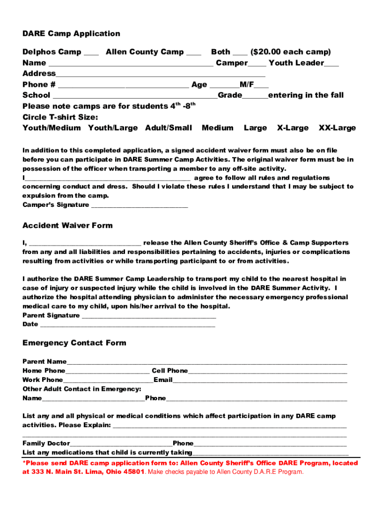 Fillable Online DARE Camp Application Delphos Camp Allen County Camp ...