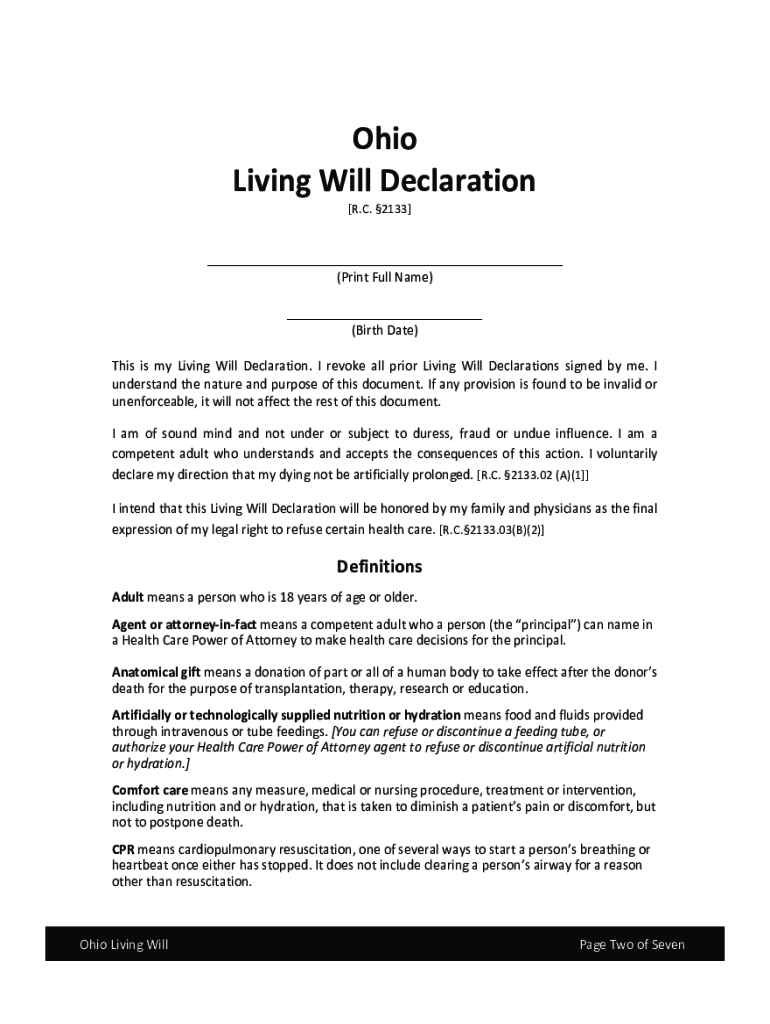 Fillable Online Free Ohio Living Will FormDeclaration - PDF - eForms ...