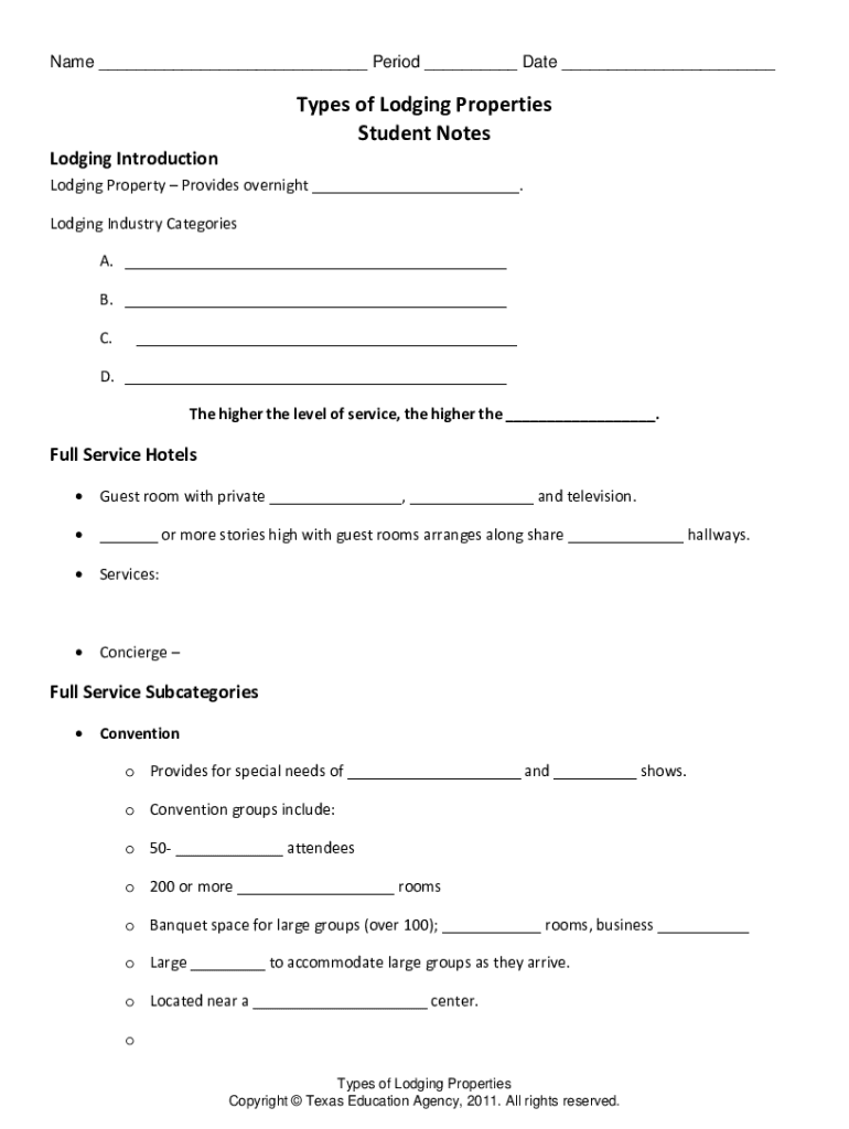 Fillable Online Handout - Types of Lodging Properties Student Notes ...