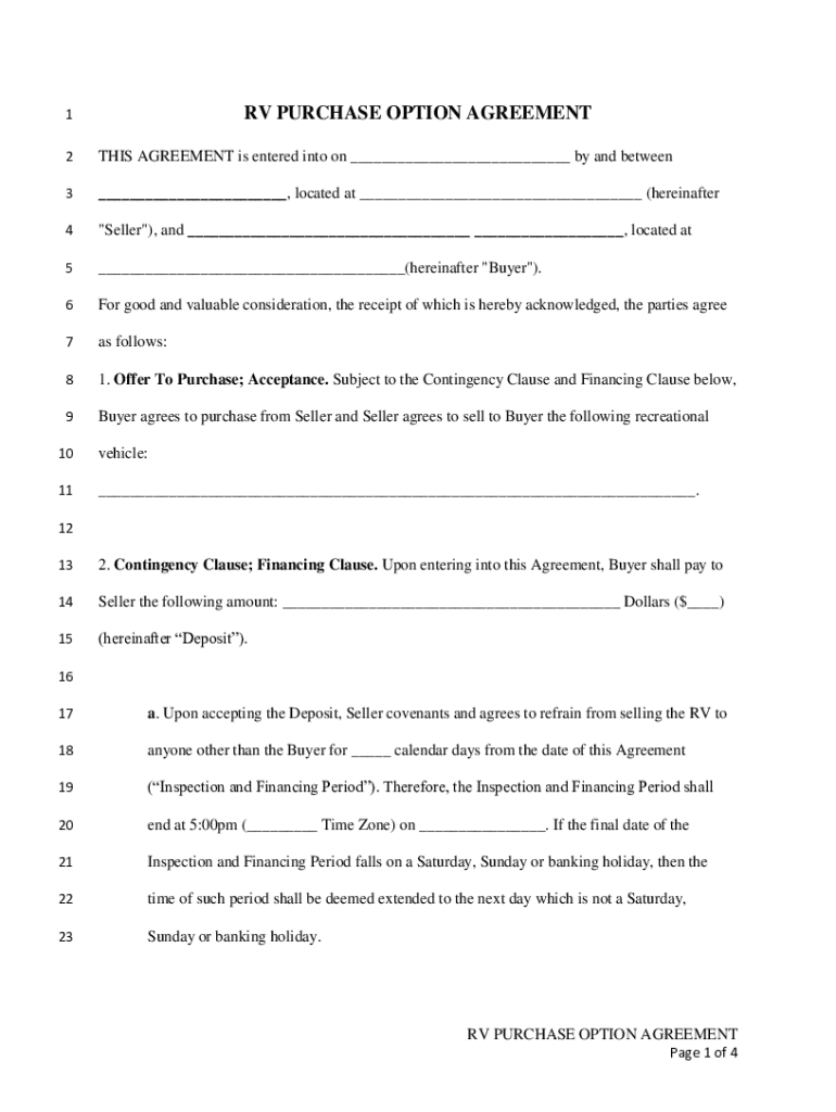 Fillable Online Recreational Vehicle Purchase Agreement - RV Financing ...