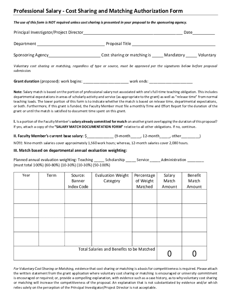 Fillable Online Fillable Salary Cost Sharing And Matching Authorization ...