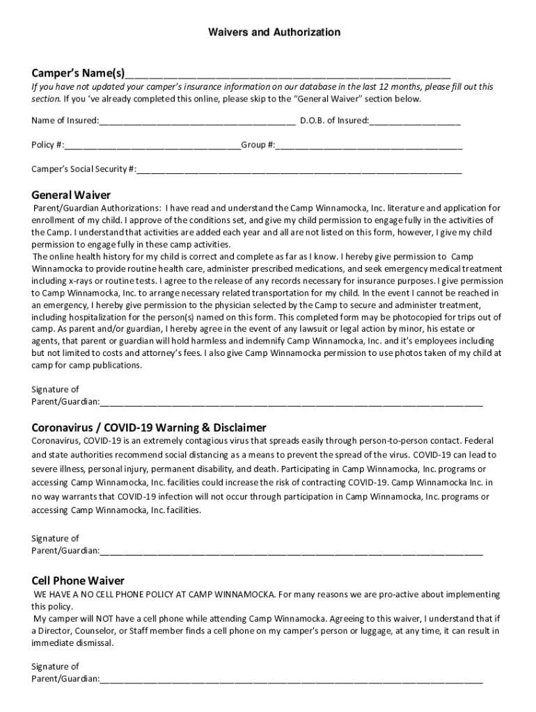 Fillable Online Forms, Waivers, Policies - Green Acres Camp Fax Email Print - pdfFiller