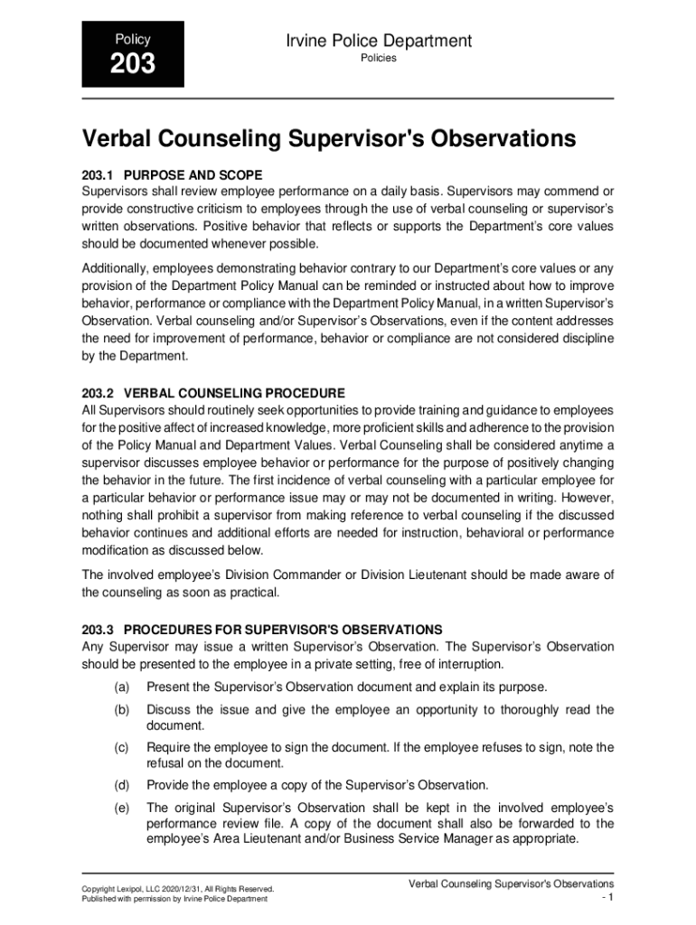 Fillable Online Verbal Counseling Supervisor's Observations Fax Email ...
