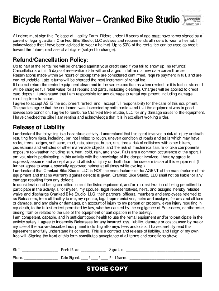 Fillable Online Bicycle Rental WaiverCranked Bike Studio - sefiles.net ...