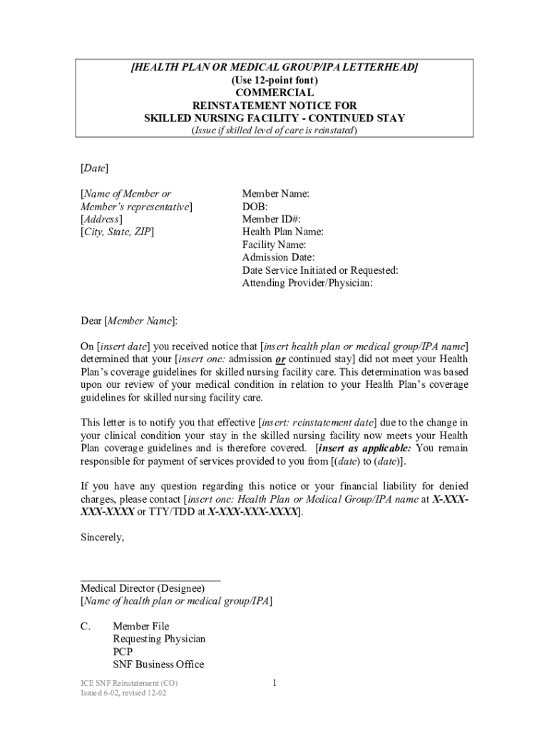 Fillable Online COMMERCIAL REINSTATEMENT NOTICE FOR SKILLED NURSING ...