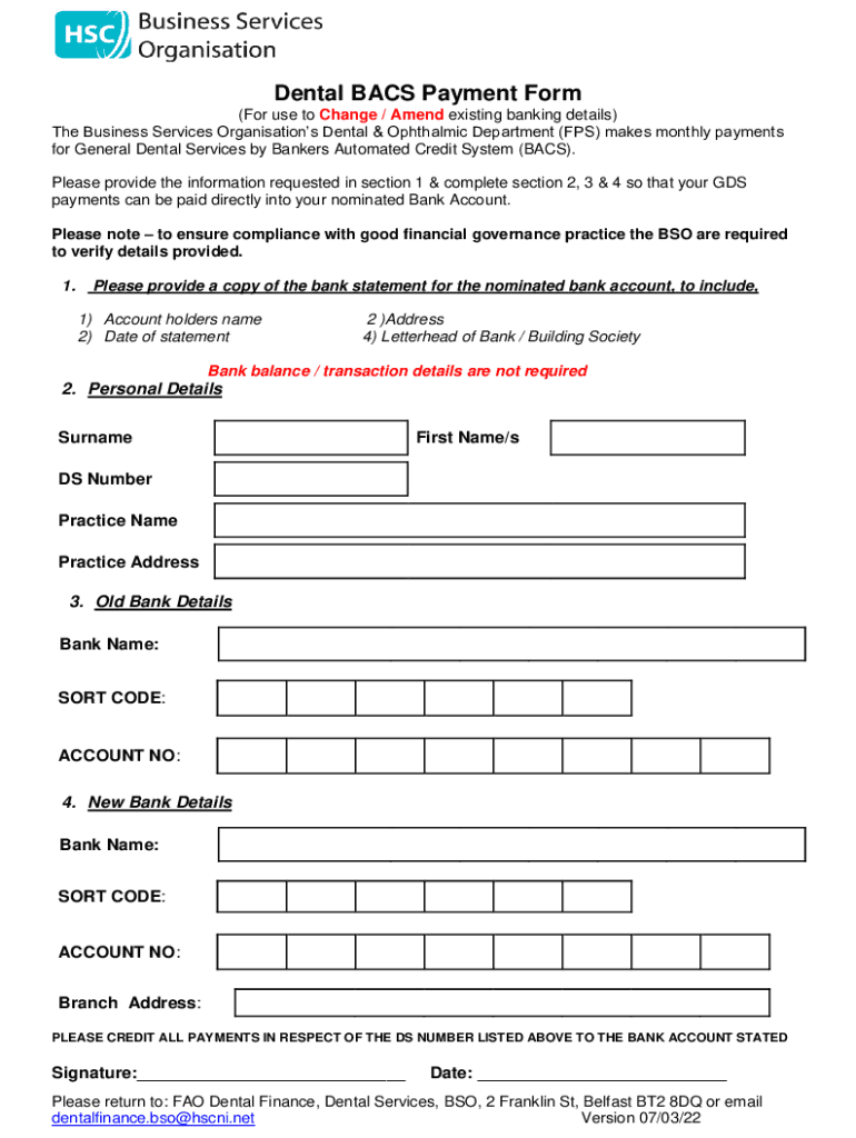 Fillable Online hscbusiness hscni Dental BACS Payment Form Fax Email Print - pdfFiller