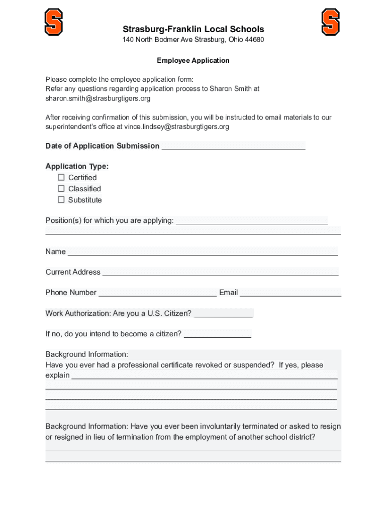 Fillable Online Strasburg Franklin Local Schools Employee Application Form Fax Email Print ...