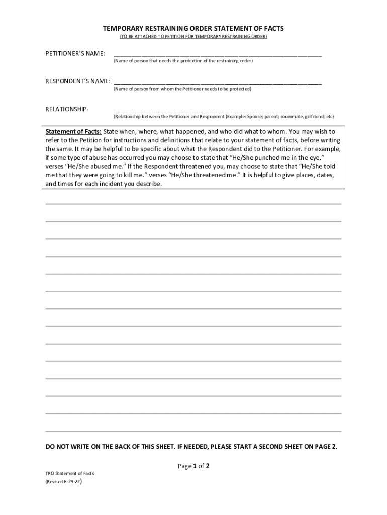 Fillable Online TEMPORARY RESTRAINING ORDER STATEMENT OF FACTS Fax Email Print - pdfFiller
